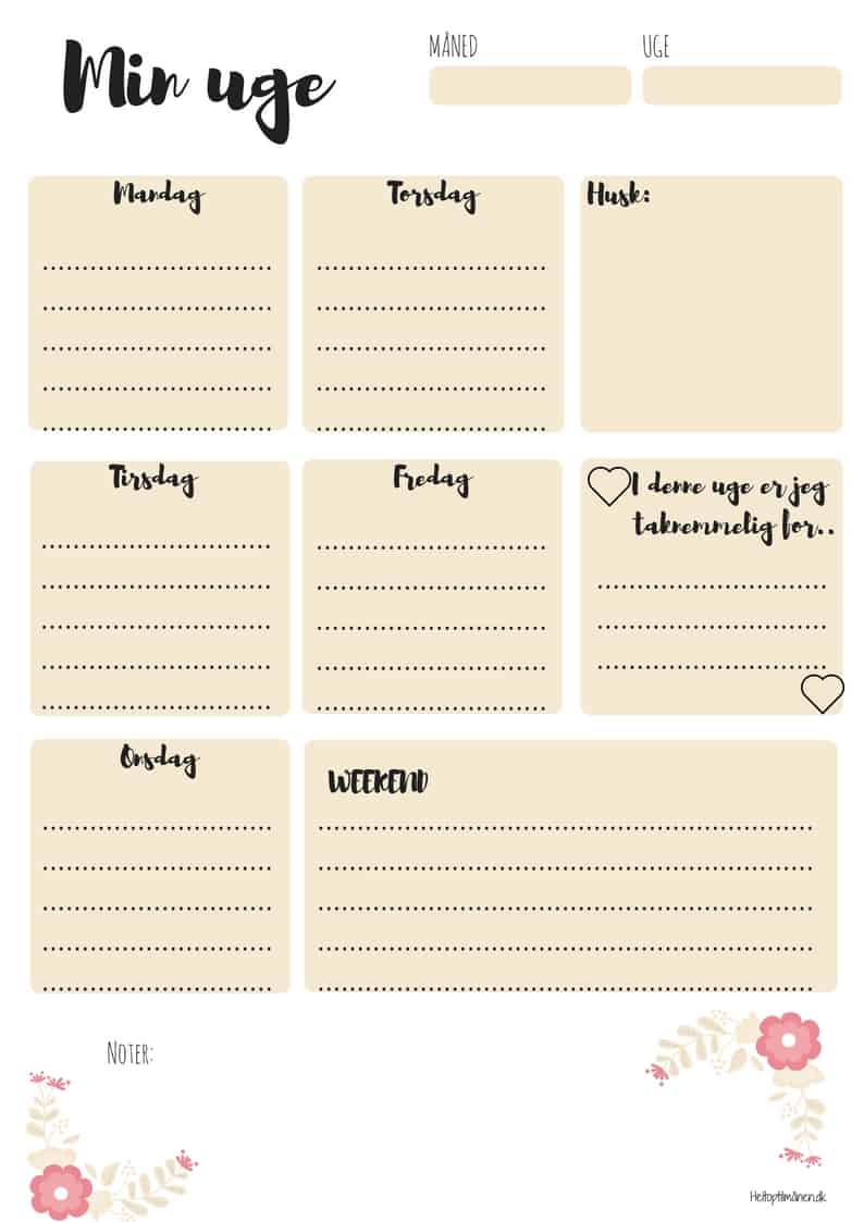 Print selv ugeplan – med fokus på taknemmelighed